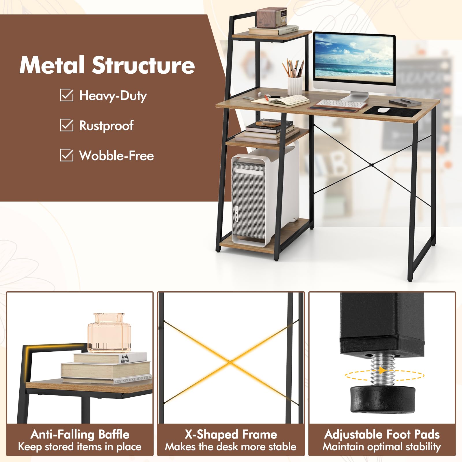 Giantex Computer Desk with Shelves, 47.5β Home Office Desk with Bookshelf, Host Stand, Metal Frame, PC Laptop Workstation, Modern Study Writing Desk for Bedroom, Small Space (Natural & Black)