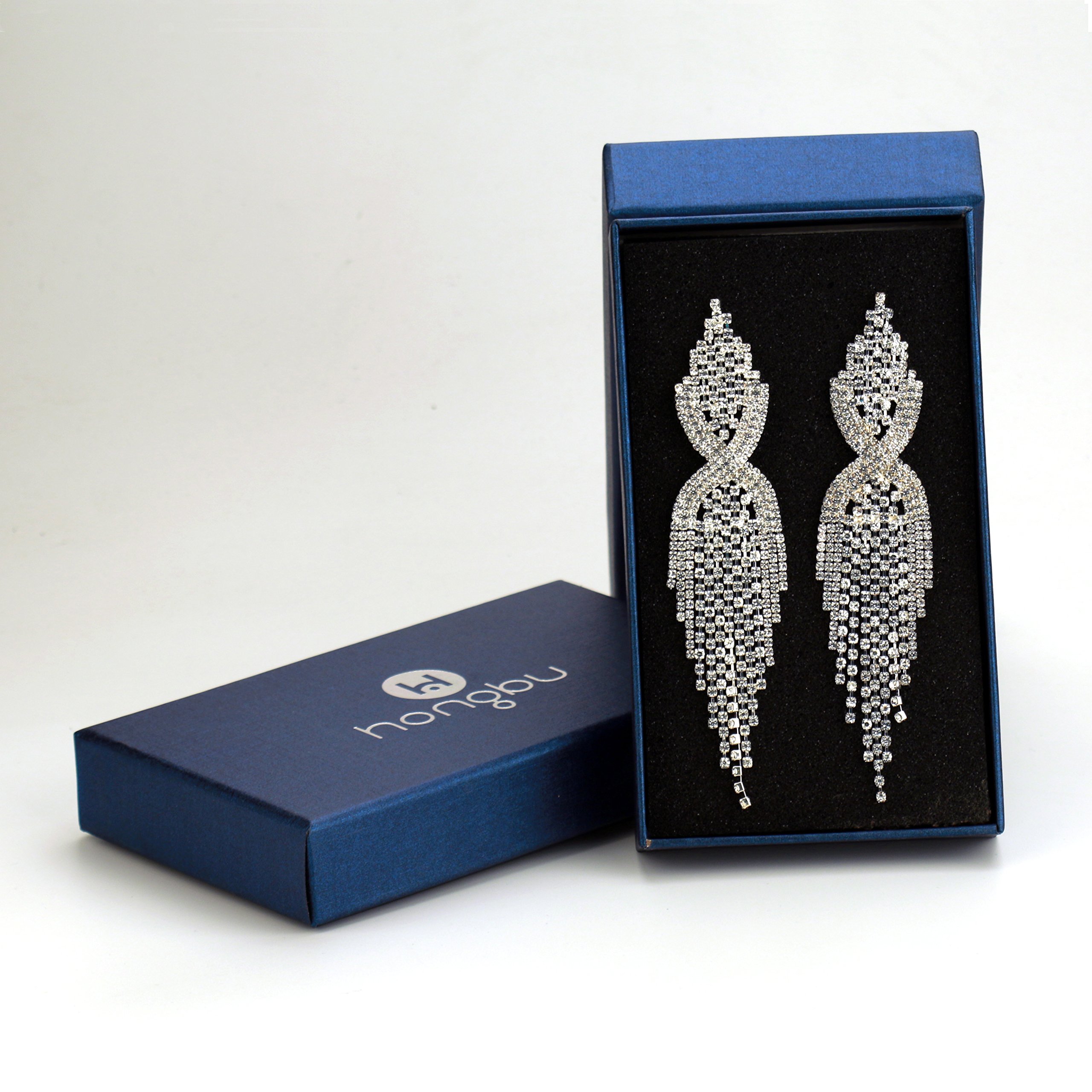 CHRAN Silver Rhinestone Long Tassels Dangle Chandelier Earrings Jewelry Size 3.5"