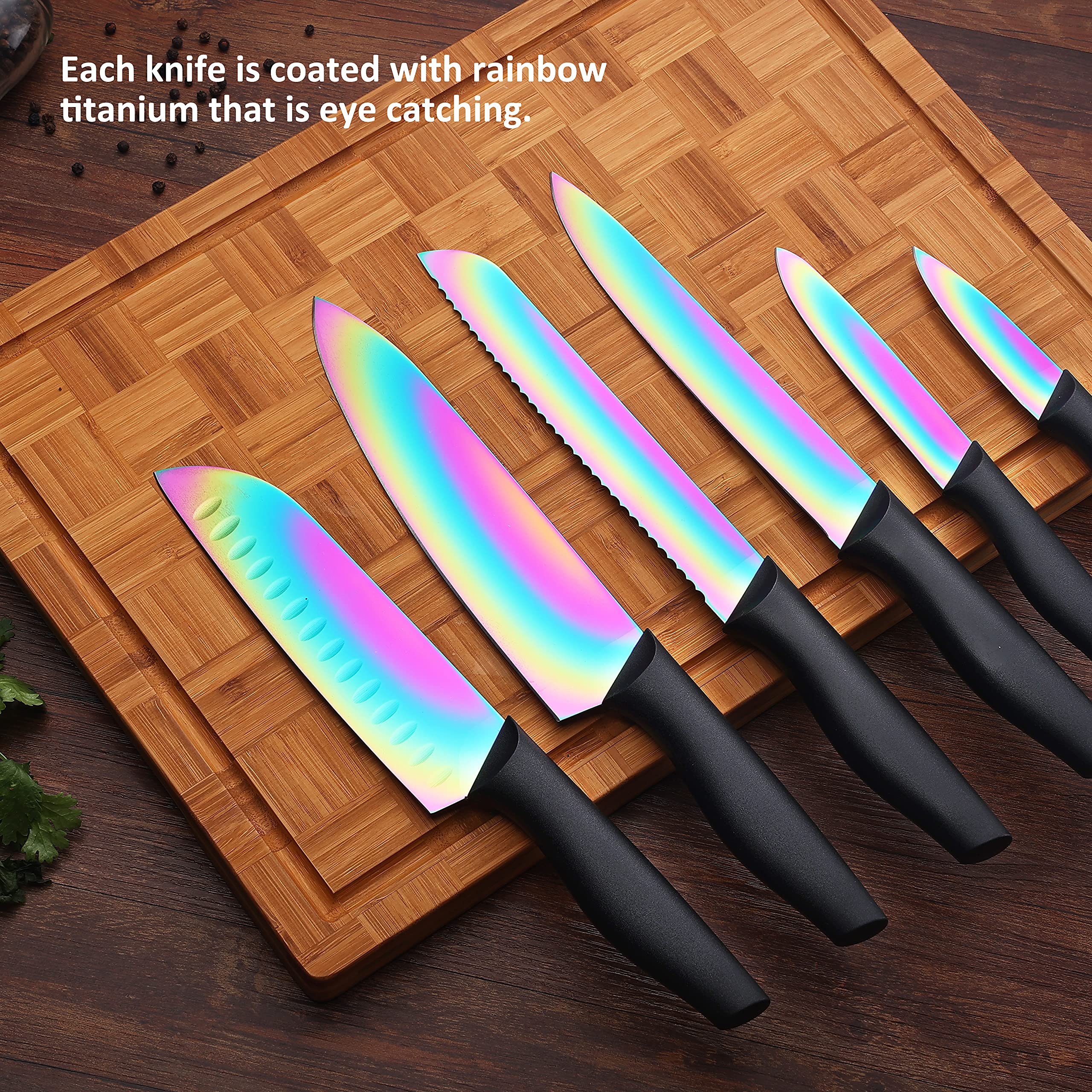 KYA36 Rainbow Titanium 12-Piece Stainless Steel Kitchen Knives Set with Sheath + Marco Almond KYA47 Rainbow Titanium Serrated Stainless Steel Steak Knives Set of 8