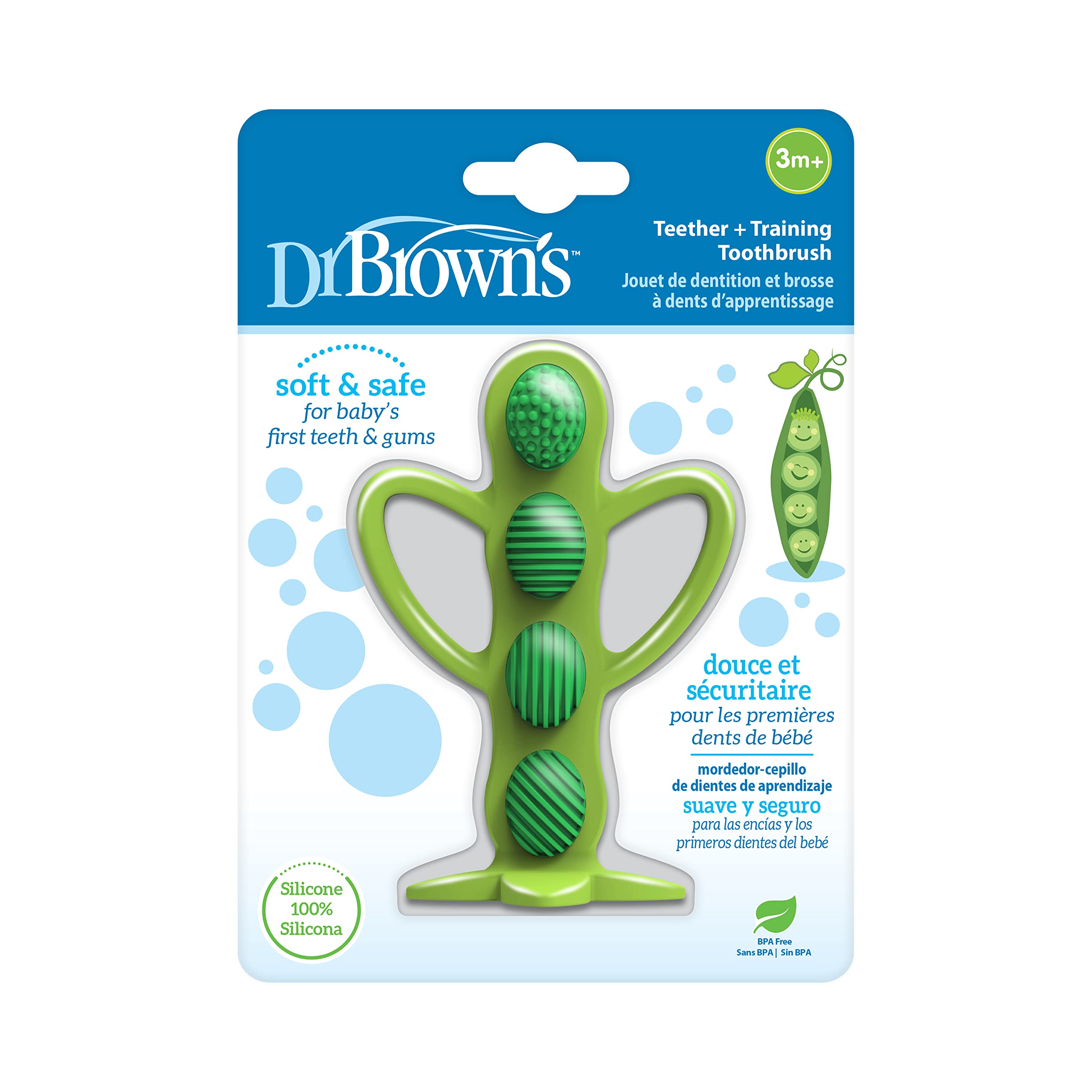 Dr. Brown's Peapod Teether + Training Toothbrush, Help Soothe Baby's Sore Gums, Soft 100% Silicone, BPA Free, 3m+