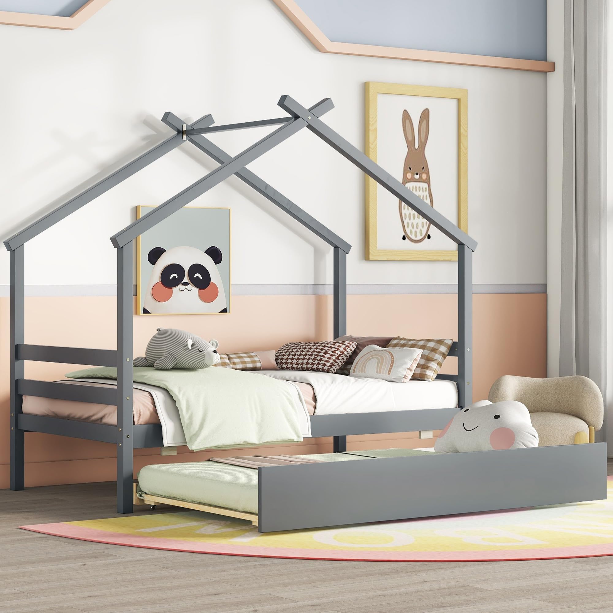 Twin Size House Bed for Kids, Adorable House Bed Frame with Trundle, Twin Playhouse Platform Bed for Boys,Girls(Twin,White)
