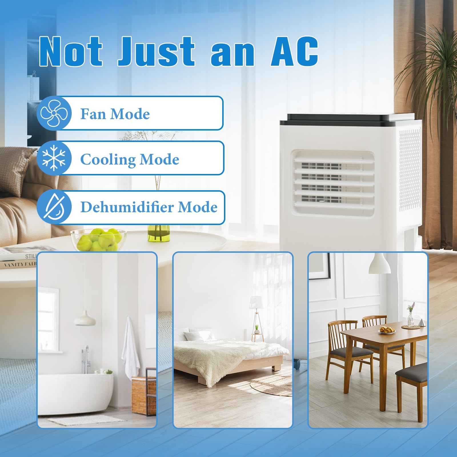 Erivess 10,000 BTU Portable Air Conditioner, 3 in 1 AC Unit with Built-in Cool, Dehumidifier & Fan Modes,Efficient Cooling Up to 500sq.ft, Remote Control, 24 Hour Timer, for Bedroom, Apartment