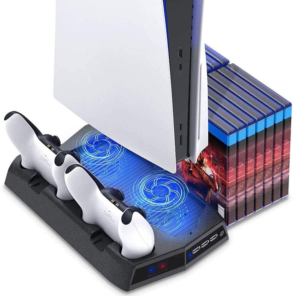 CONNYAM Vertical Stand with Cooling Fan for PS5 Ultra HD Console and PS5 Digital Edition, Controller Charge Station and 14 Retractable Game Storage for Sony Playstation 5 (Black)