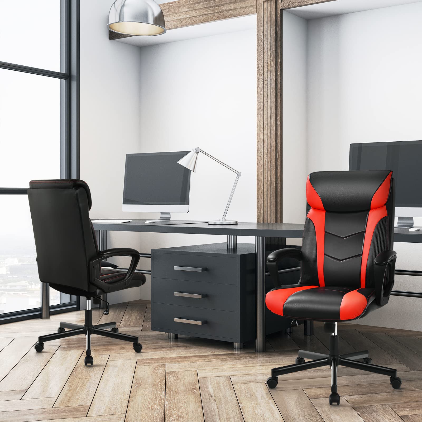 COSTWAY PU Leather Office Chair, Racing Style High Back Swivel Chair with Height Adjustable, Padded Headrest and Armrests, Ergonomic Computer Desk Executive Chair for Working Studying Gaming (Red)