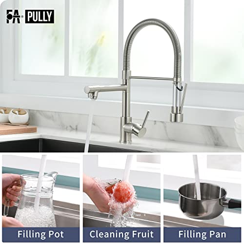 Fapully Pull Down Kitchen Faucet with Lock Sprayer,Single Handle Spring Stainless Steel Kitchen Sink Faucet Brushed Nickel