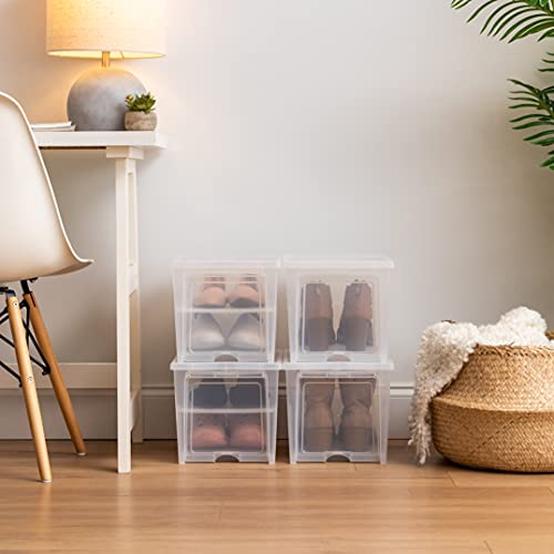 IRIS USA, Inc. Tall Stackable Shoe Storage Box with Flip Up Door and Air Vents, 4-Pack, Sturdy Shoe Organizer Container with Removable Dividers for Closet Under Bed and Entryway Storage, Clear
