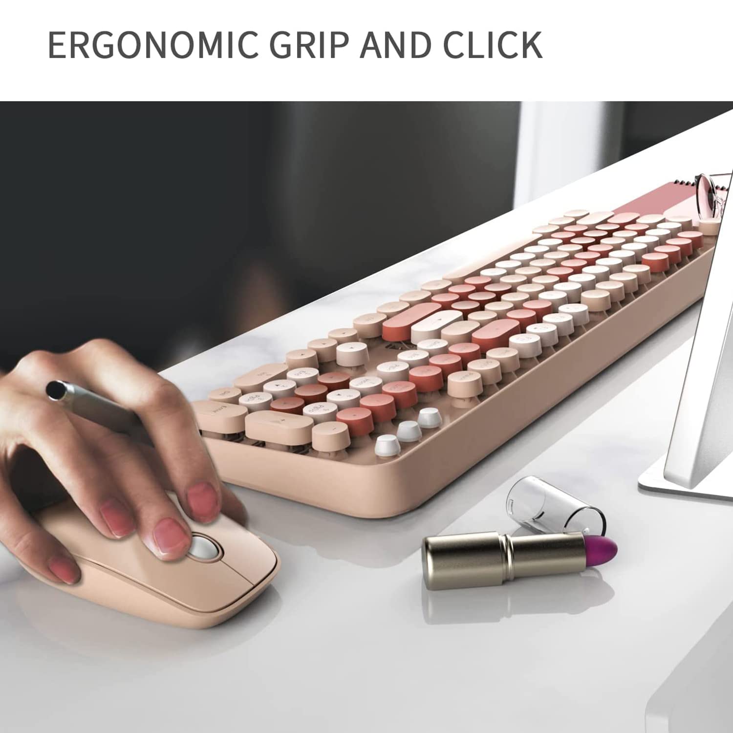 FOPETT Keyboard and Mouse Sets Wireless,Reliable 2.4 GHz Connectivity for PC,Laptop,Smart TV and More (Milk Tea Color)