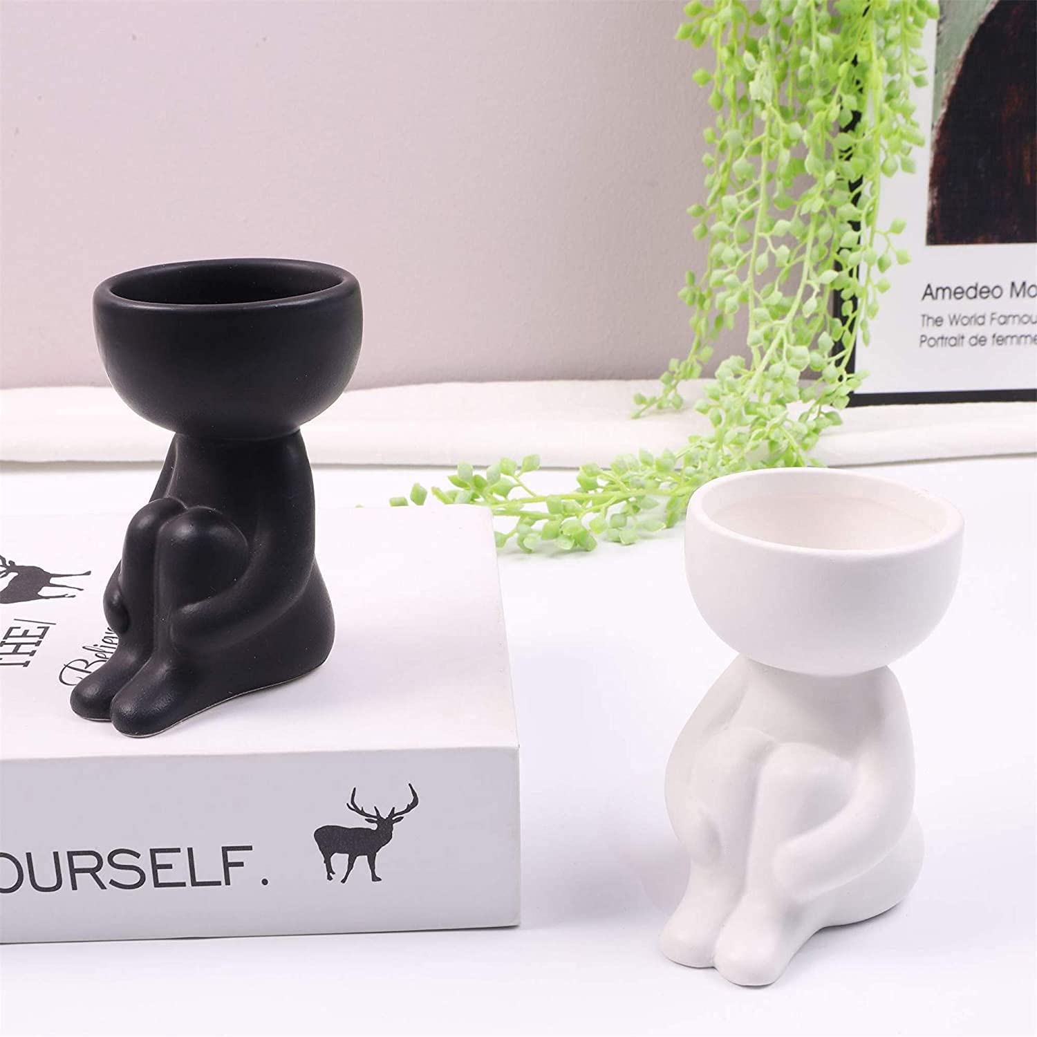 DIYOMR Cute Humanoid Ceramic Doll Flower Pot Decorative Pot,Succulent Flower Cactus Bonsai Planter Pots Container Creat Design for Home Office Decor,Not Include Plants (3Pcs White)