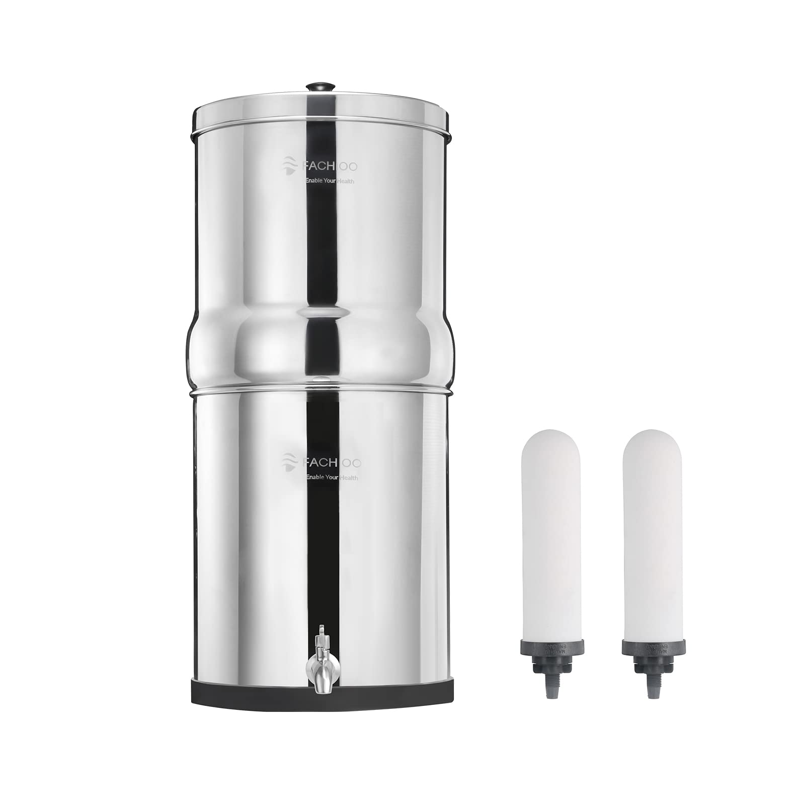 FACHIOO 2.25 Gallon Stainless Steel Gravity-Fed Water Filter System with 2 White Ceramics Purification Washable Filter, Portable Countertop Filter System for Home and Outdoor Camping Use