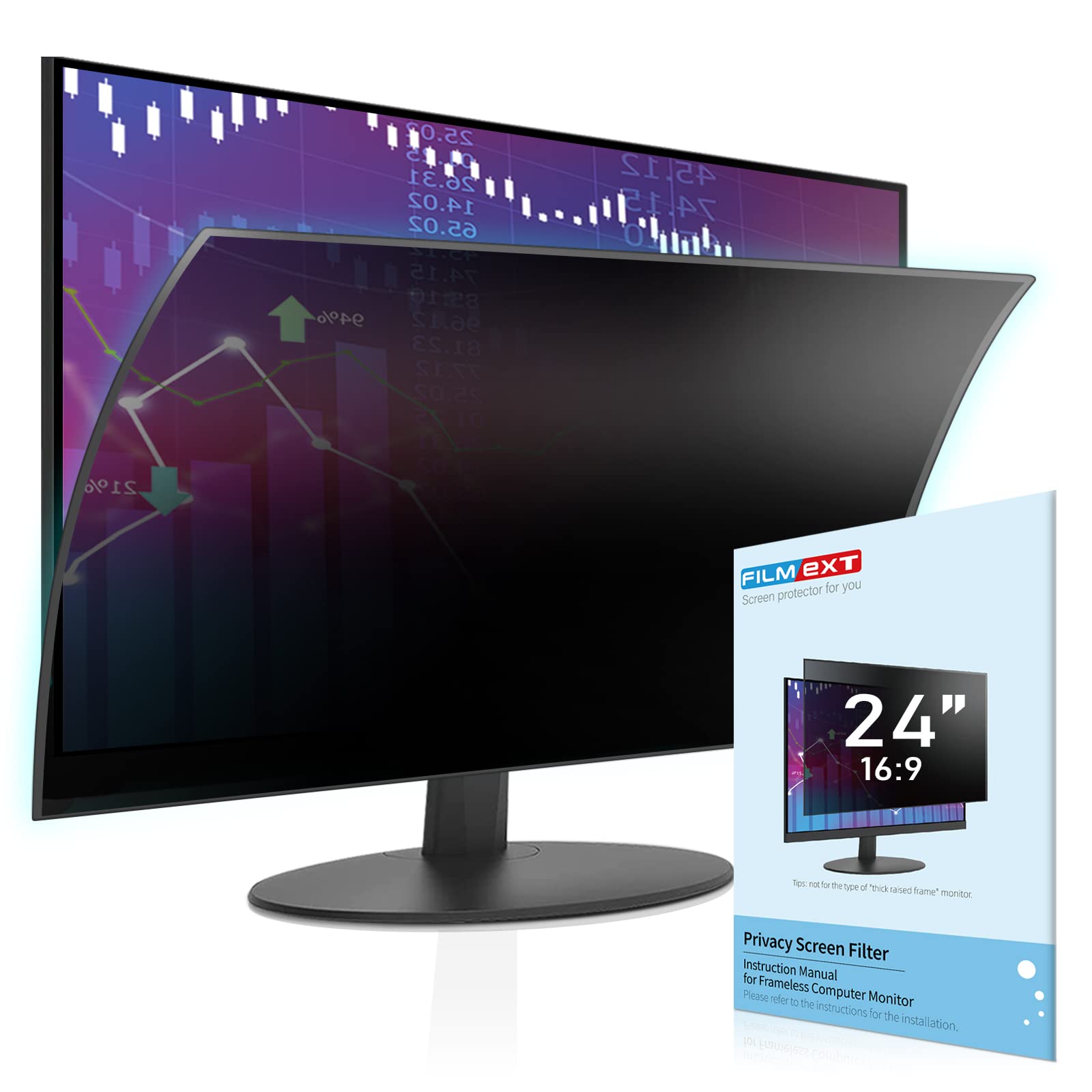 FILMEXT [2023 Upgrade 24 Inch Computer Privacy Screen Filter for 16:9 All-in-One Desktop/Frameless Monitor-Removable Blue Light UV Blocking Privacy Shield for Thin Bezel Computer