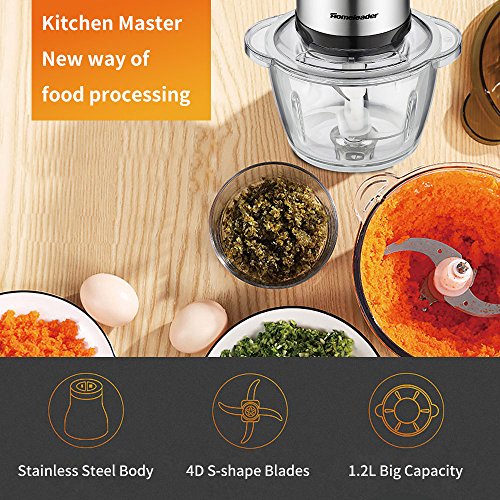 Electric Food Chopper, 5-Cup Food Processor by Homeleader, 1.2L Glass Bowl Grinder for Meat, Vegetables, Fruits and Nuts, Stainless Steel Motor Unit and 4 Sharp Blades, 300W