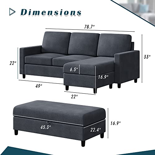 JY QAQA Convertible Sectional Sofa Couch with Long Storage Ottoman,L-Shaped Modular Couch with Modern Linen Fabric Wide Reversible Chaise for Small Space