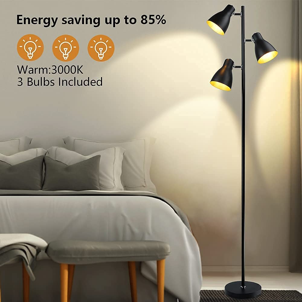 DLLT Industrial Tree Floor Lamp with 3 Bulbs, Farmhouse Black Standing Light, Skinny Tall Pole Lamp, Metal Bright Reading Lamps for Living Room Bedroom, Adjustable Heads, Foot Switch, Mid Century