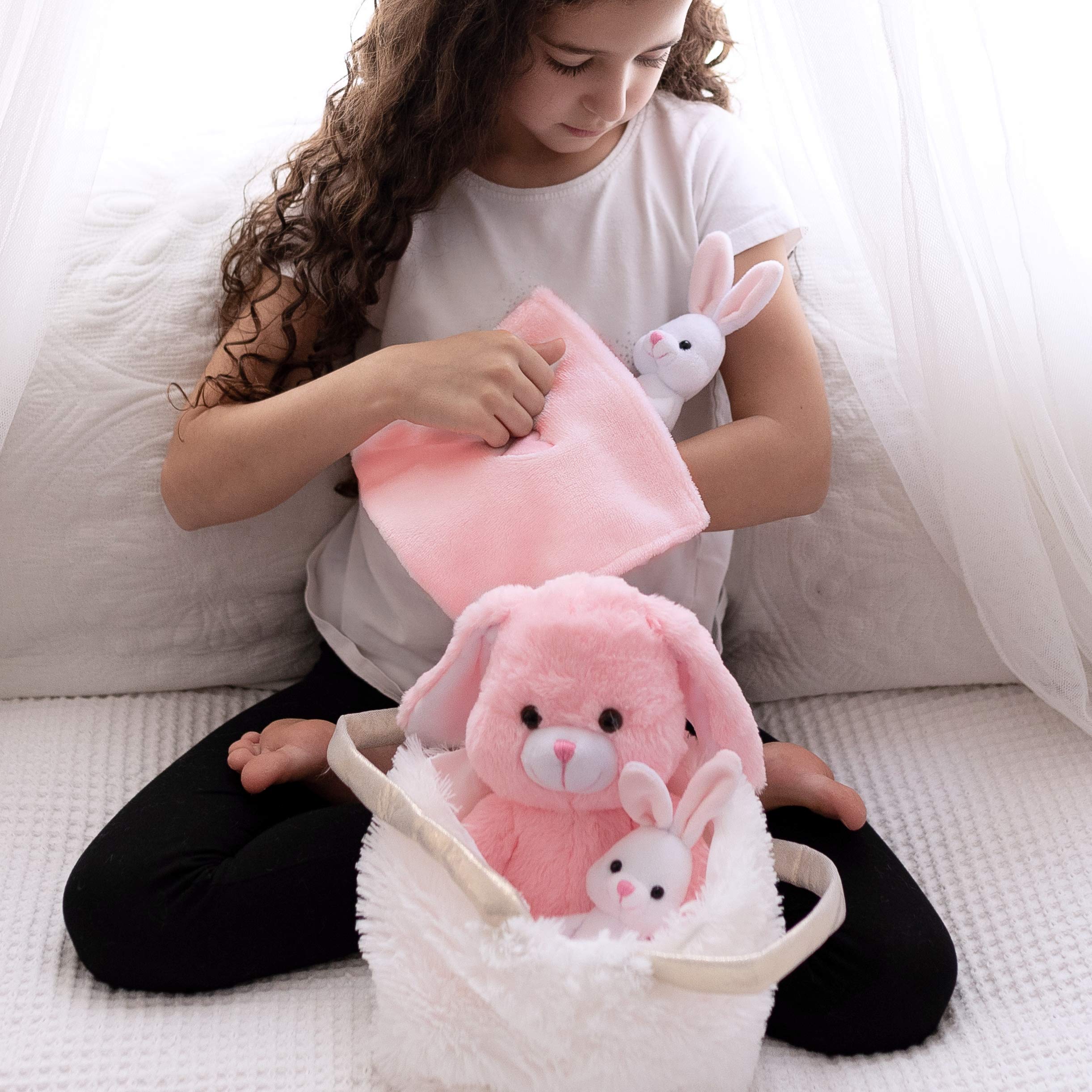 Perfectto Design Bunny Toy, 4 Pcs Set. Mommy, 2 Baby Rabbit Toys, XL Furry Bag and Doll Blanket. Age 3-8
