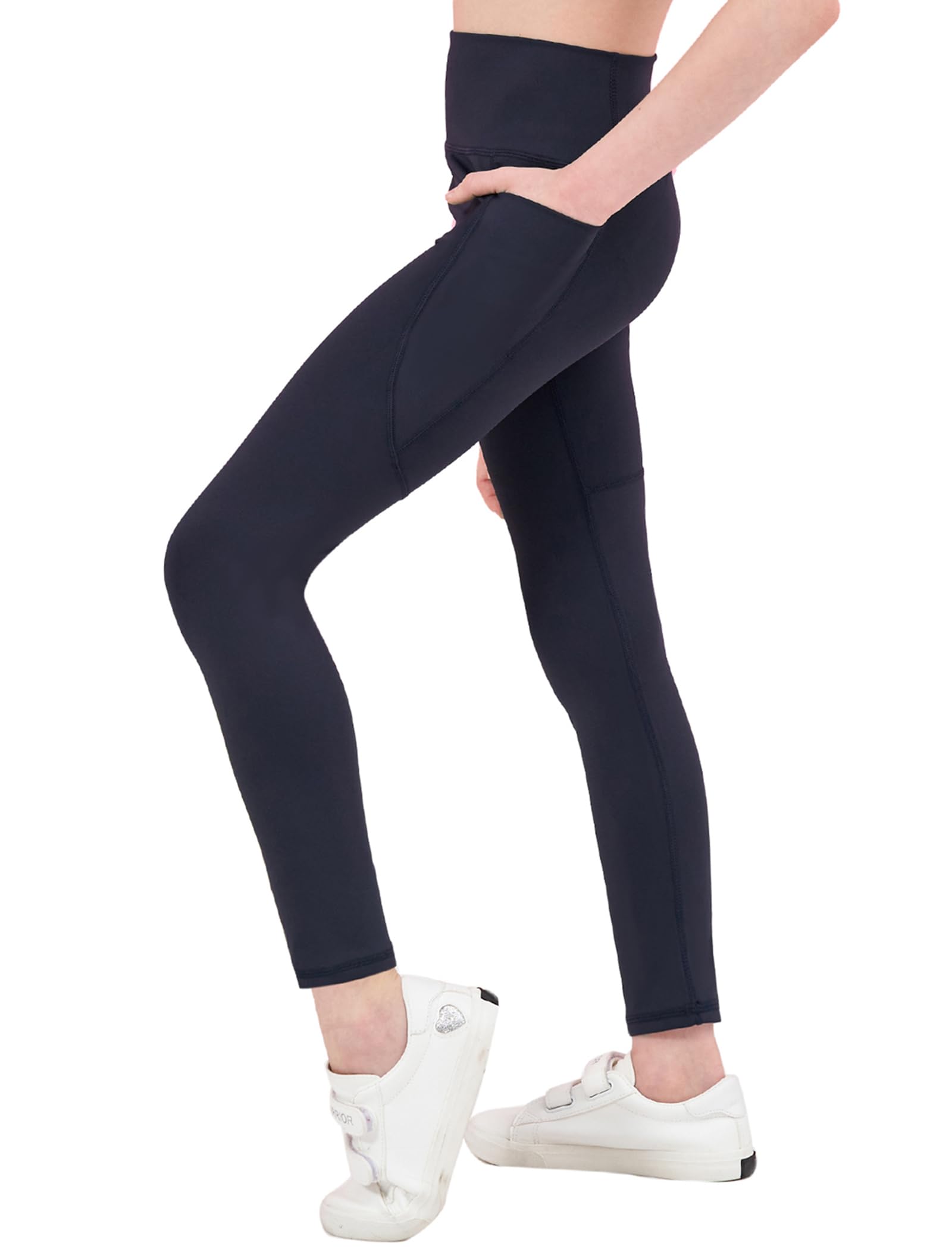 EXARUS Youth Girls Leggings Athletic High Waisted with Pockets Dance Active Compression Tights Yoga Navy Blue 12 Years