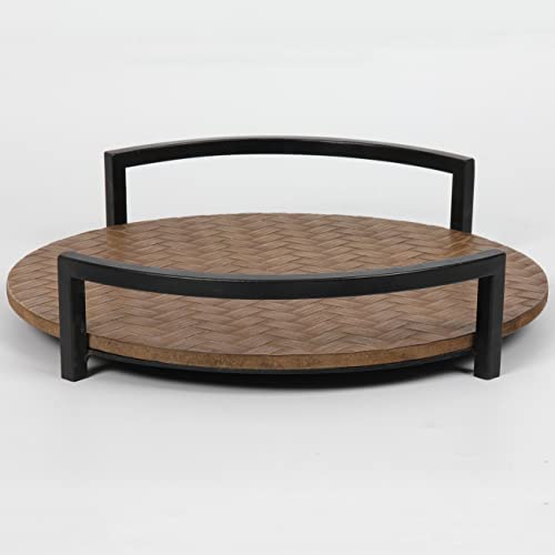Farmhouse Round Decorative Tray,Wood Serving Tray with Metal Handles, Rustic Ottoman Coffee Table Accent Tray, Centerpieces for Table (Natural Brown)