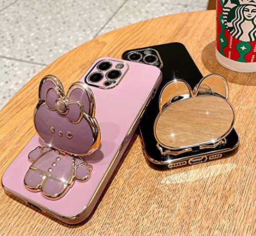 for iPhone 14 Pro Max Case for Women Girls,6D Cute Hidden Rabbit Bunny Stand Mirror Design,Luxury Plating Glitter Soft Silicone Makeup Girly Phone Case with Camera Cover for iPhone 14 Promax Purple