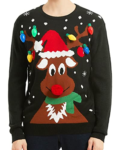 Christmas Reindeer Snowman Santa Snowflakes Ugly Holiday Knitted Sweater Cardigan Traditional Pullover (Large, Rndrnose3dLed-M10)