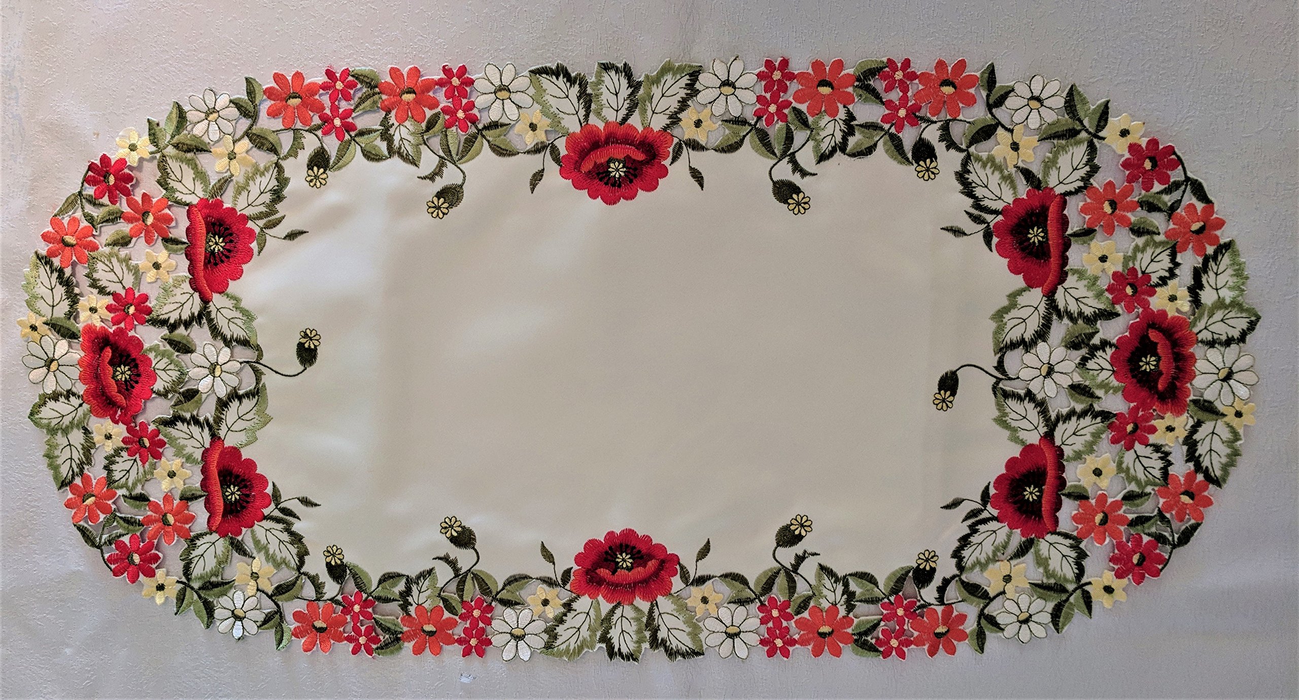 Doily Boutique Place Mat or Doily with Red Poppy Flowers on Antique White Fabric Size 27 x 13 inches