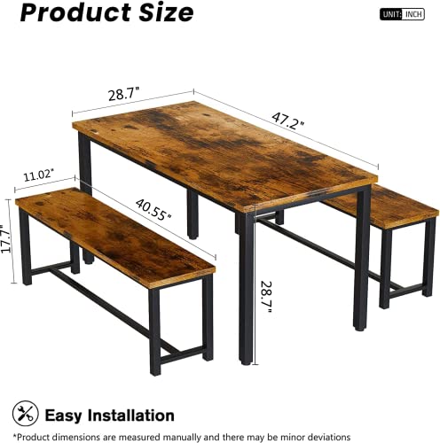 Recaceik 47" Dining Room Table Set with 2 Benches, Kitchen Dining Table Set for 4 Persons, Space Saving Kitchen Table and Chair Set for Dining Room, Small Space, Breakfast Nook(Brown)