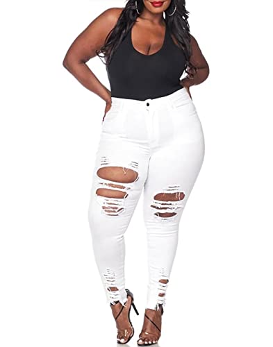 PYL Women Plus Size Denim Ripped Jeans, Distressed Skinny Stretchy White Jegging Pant (L-5XL)