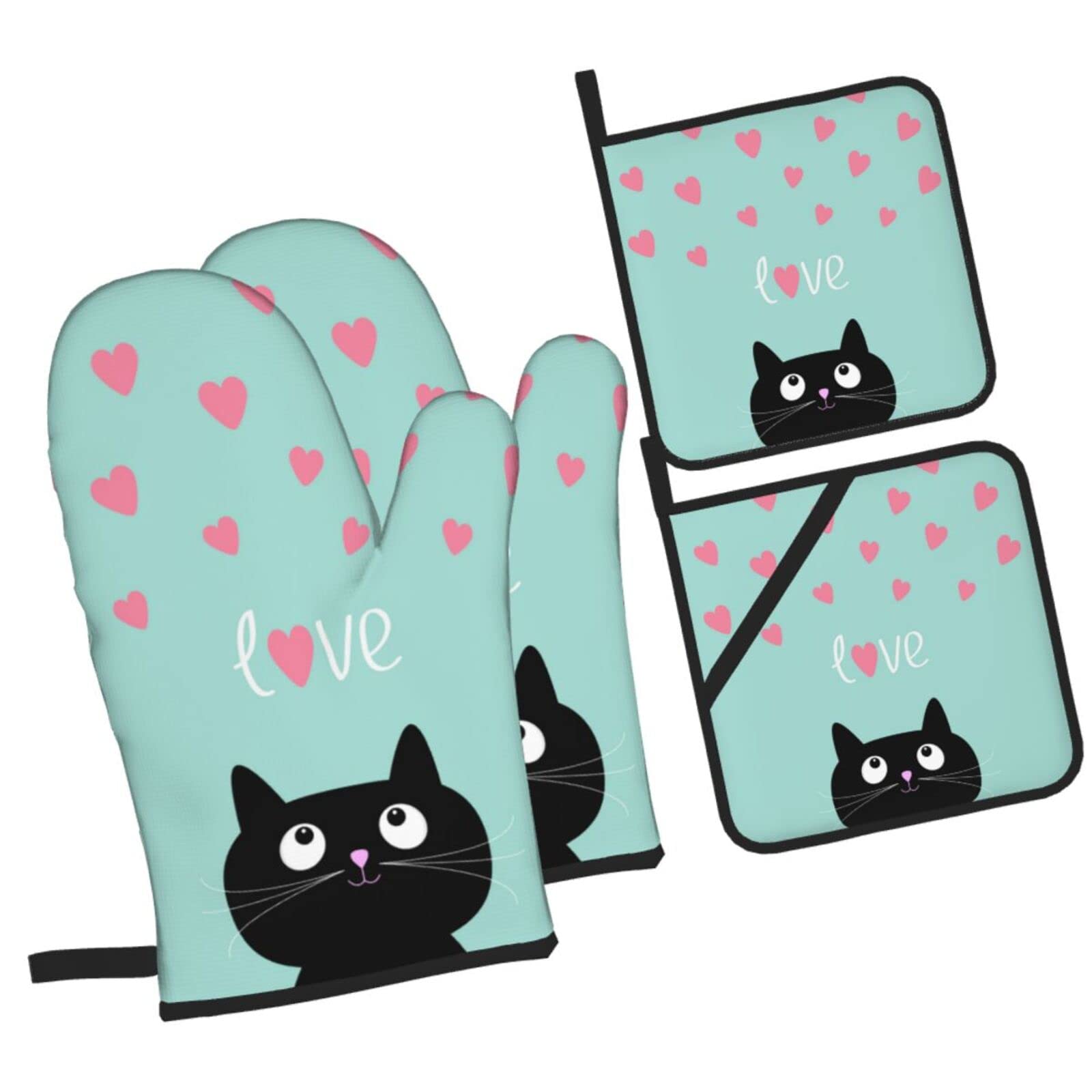 Cute Black Cat Love Oven Mitts and Pot Holders 4pcs Sets,Funny Kitchen High Heat Resistant Oven Mitts,with Oven Gloves and Hot Pads Pot Holders for Baking Cooking BBQ Grilling