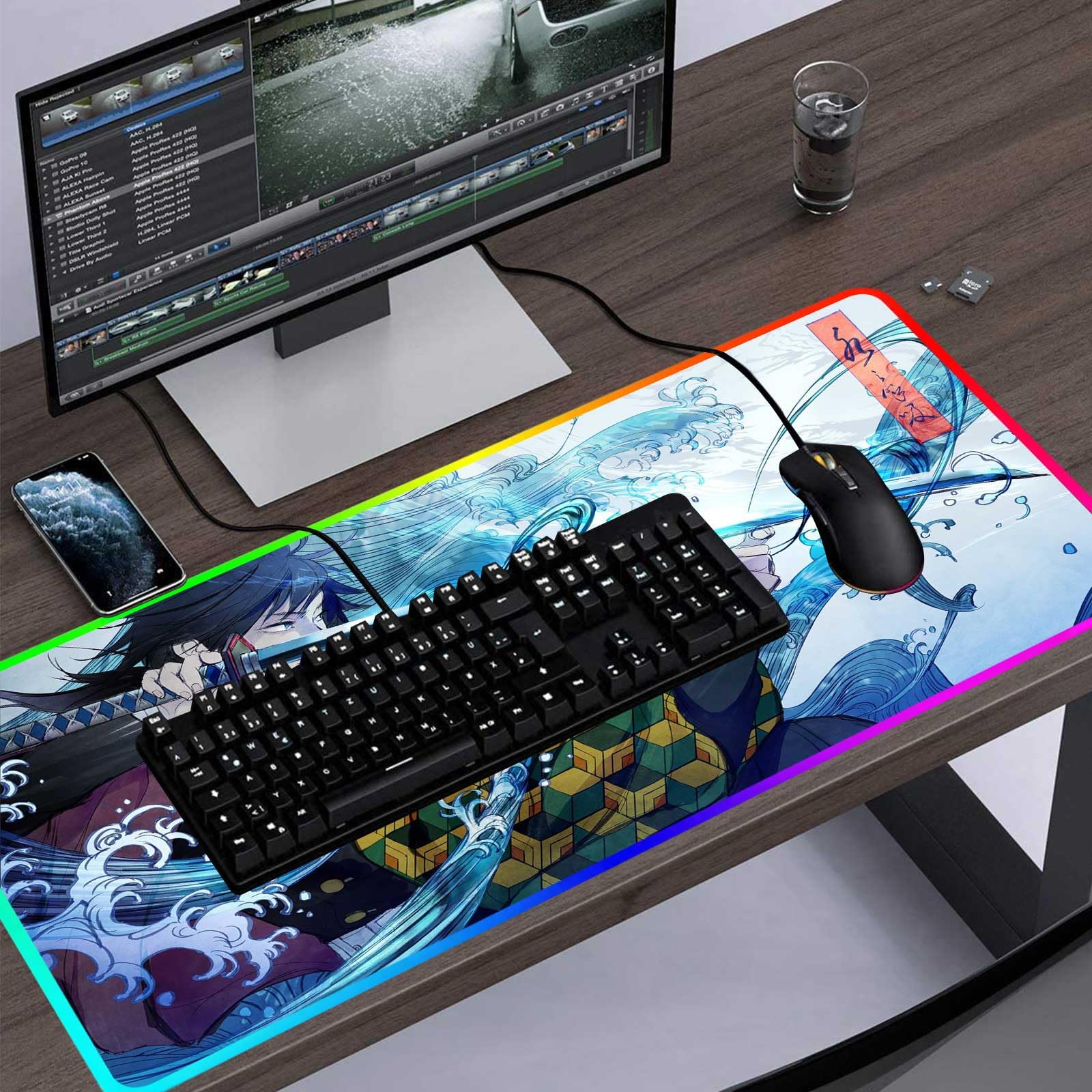 RGB Large Gaming Mouse Pad Anime Giyu Sword,Laptop Desk Pad,Mousepad with Stitched Edge Frame & Non-Slip Rubber Base,Computer Keyboard and Mice Pads Mouse Mat 31.5X15.7