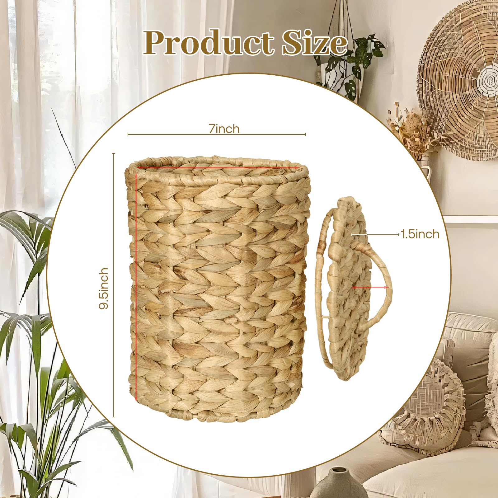 hardcometrue Boho Wicker Trash Can with Lid,Bathroom Trash Can with Trash Bags Hand Woven Water Hyacinth Trash Basket for Kitchen Bedroom Office