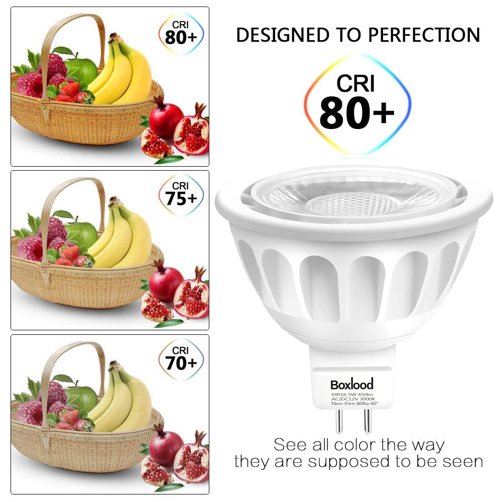 Boxlood MR16 LED Light Bulb Non Dimmable Comply with UL, 90% Energy Saving, 3000K Warm White, 40 Degree Beam Angle, AC/DC 12V, 5 Watts, 50W Halogen Bulb Equivalent, GU5.3 Bi-Pin Base, 6-Pack