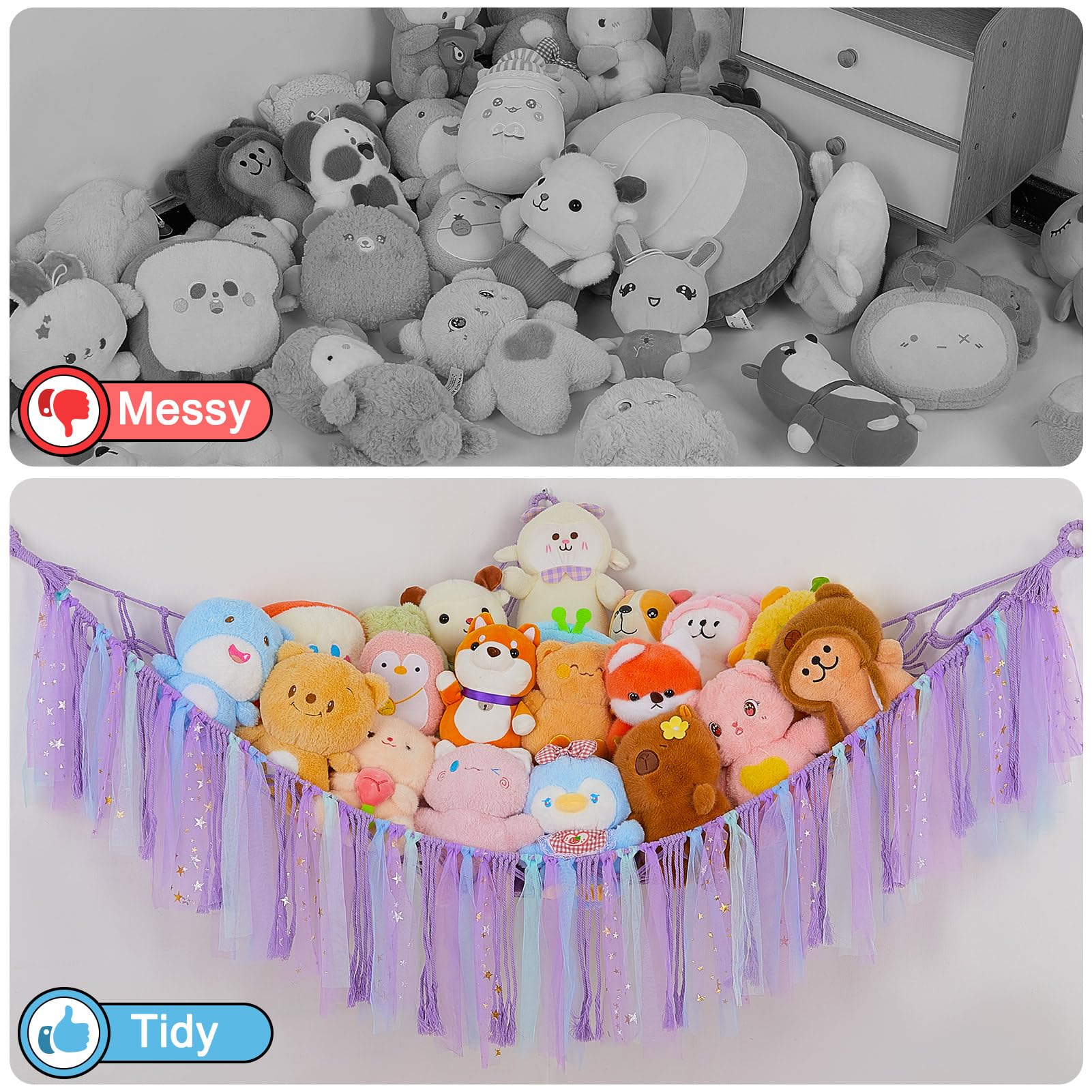 FIOBEE Stuffed Animals Net or Hammock with LED Light, Toy Hammock Hanging Stuffed Animals Storage Organizer Holder Room Décor for Nursery Kids Bedroom