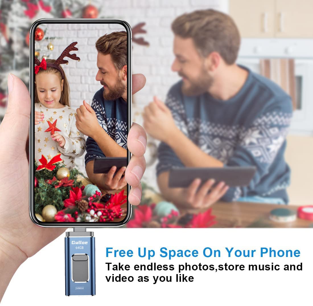 Gulloe Flash Drive 64GB Compatible with iPhone iPad, Take More Photos and Videos, Photo Stick Memory External Data Storage Thumb Drive Compatible with iPhone, iPad, Android, PC (Blue)
