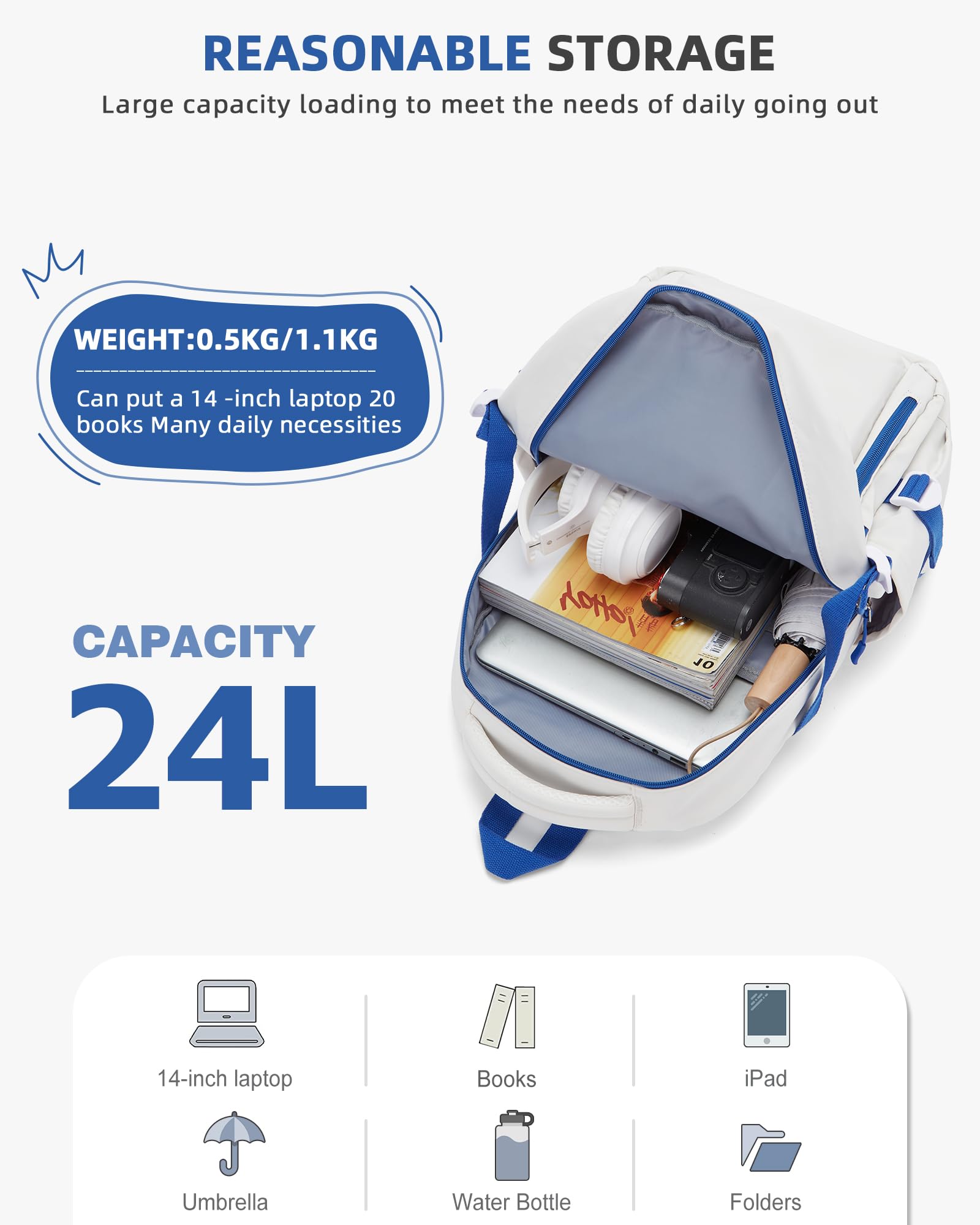 BOXSAM Lightweight Backpack for Women, Large Laptop Travel Backpack Casual Daypack College Bag Rucksack for Men. White