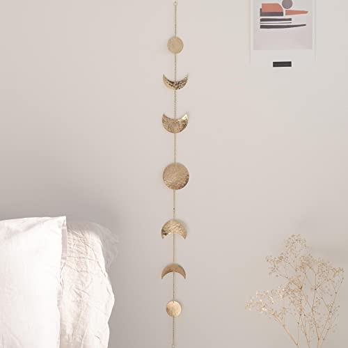 Moon Phase Wall Hanging [Handmade Hammered Gold Metal 7 Moons 34" Banner] Phases of the Moon, Celestial Lunar Decorative Wall Art, Bohemian Aesthetic, Christmas Boho Decor for Living Room Girl Gift