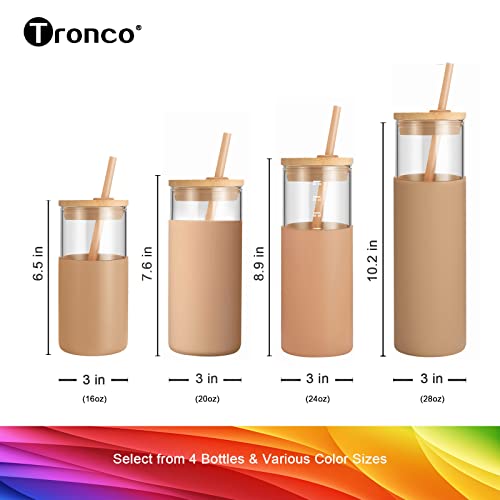 tronco 16 oz Glass Tumbler with Straw and Bamboo Lid, Iced Coffee Cup Reusable, Smoothie Cups, Tumbler with Silicone Protective Sleeve - BPA Free