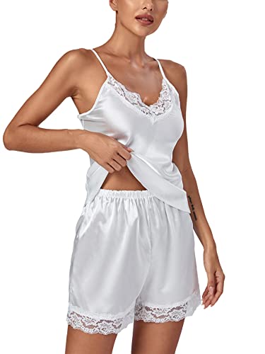 LYANER Women's 3pcs Sleepwear Silk Satin V Neck Lace Trim Cami Top and Shorts Pajama Set with Robe White Small