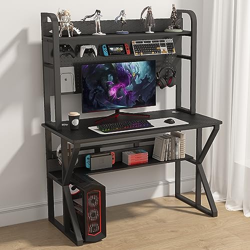 Chnnmbrn Gaming Desk with Pegboard,Large PC Table Computer Desk with Shelves,Multifunctional Workbench,Home Office Desk, Study Writing Workstation