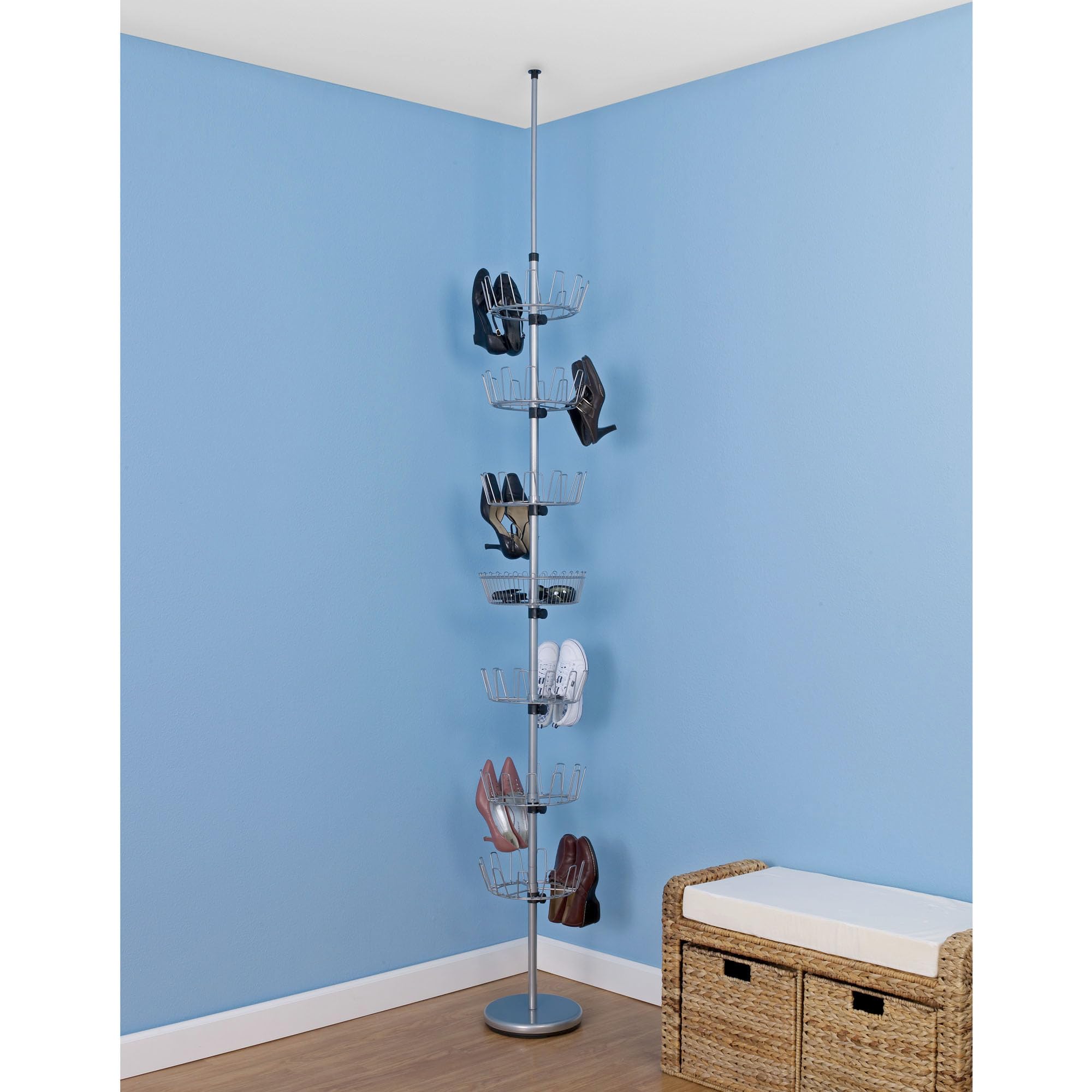 Household Essentials 2197-1 Floor to Ceiling Adjustable 6-Tier Revolving Shoe Rack with Basket - Silver