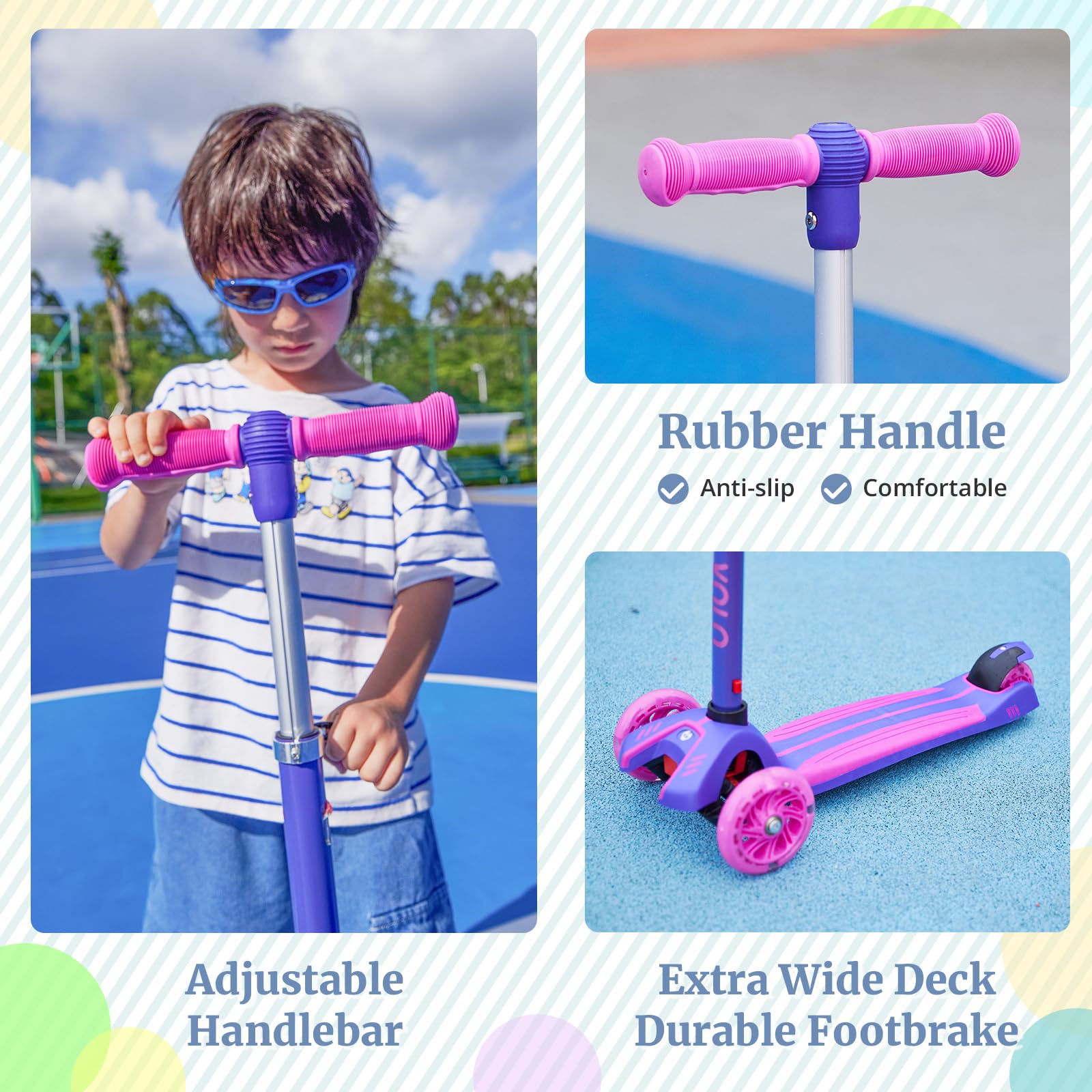 RideVOLO Kids' Kick Scooter for Ages 3-8, 3 Adjustable Heights, Flashing Wheels, 6" Wide Anti-Slip Deck and High Stability, Max Load 110lbs, Easy Assembly, Outdoor Activities, Gift for Boy/Girl Purple