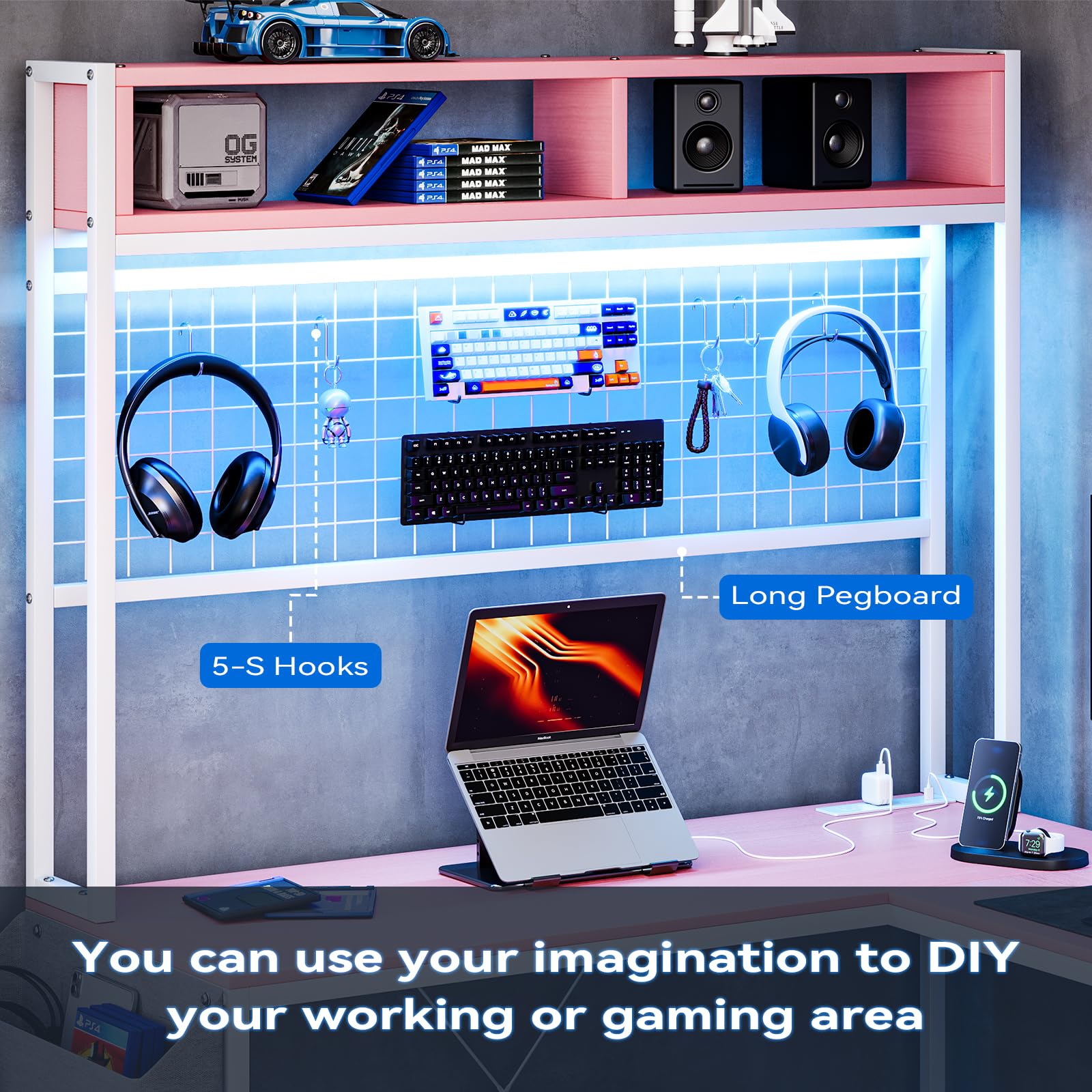 Harmobitat U Shaped Computer Desk with Monitor Stand and LED Lights, Computer Gaming Desk with Storage Shelves, Large U- Shape Desk with Power Outlets, Corner Office Desk with 4 Drawers, Pink
