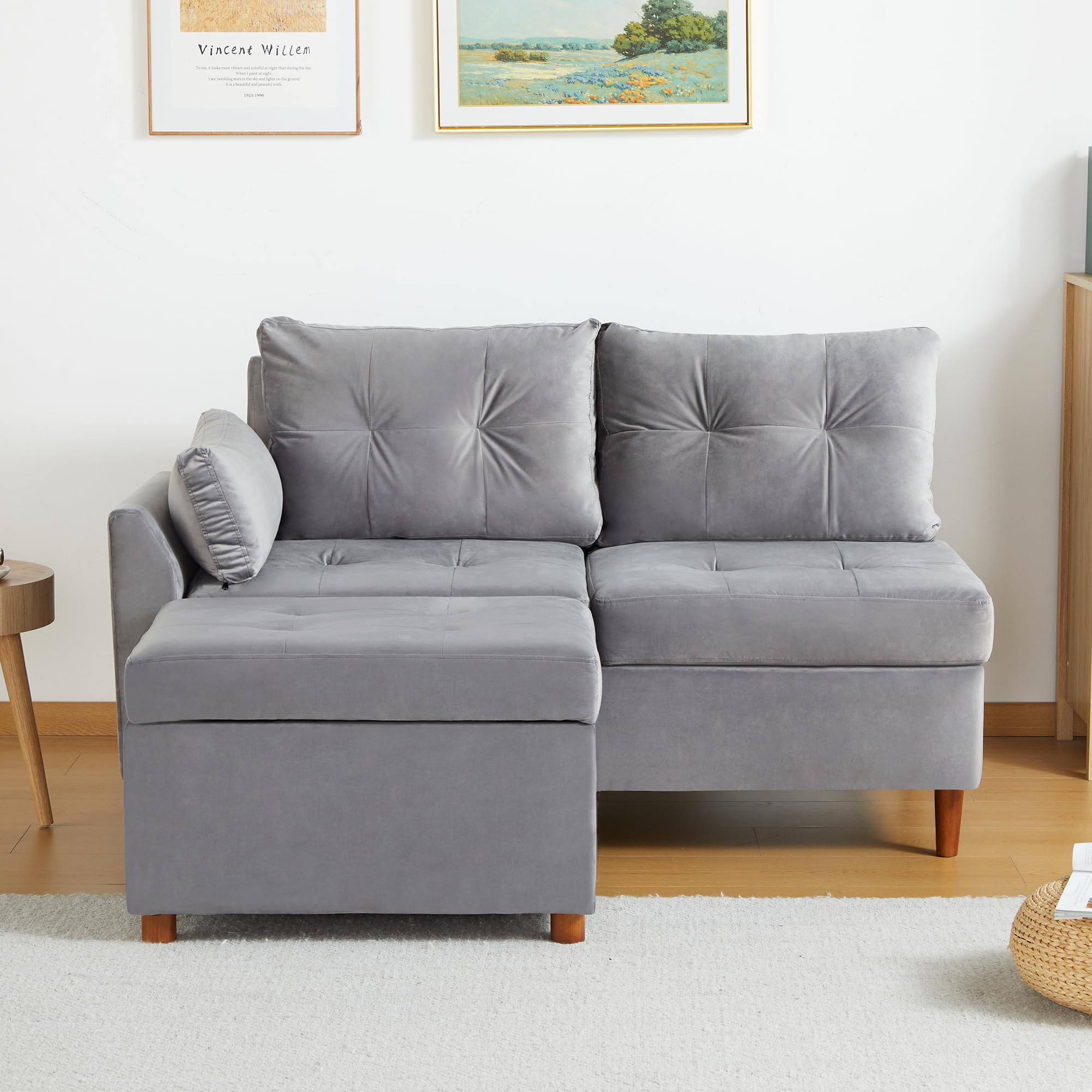 LEVNARY Sectional Sofa Chaise, L-Shaped Loveseat Couch with Storage Ottoman, Velvet Comfy Upholstered Sleeper Sofa Chaise Lounge for Living Room, Office, Apartment, Home (Gray)