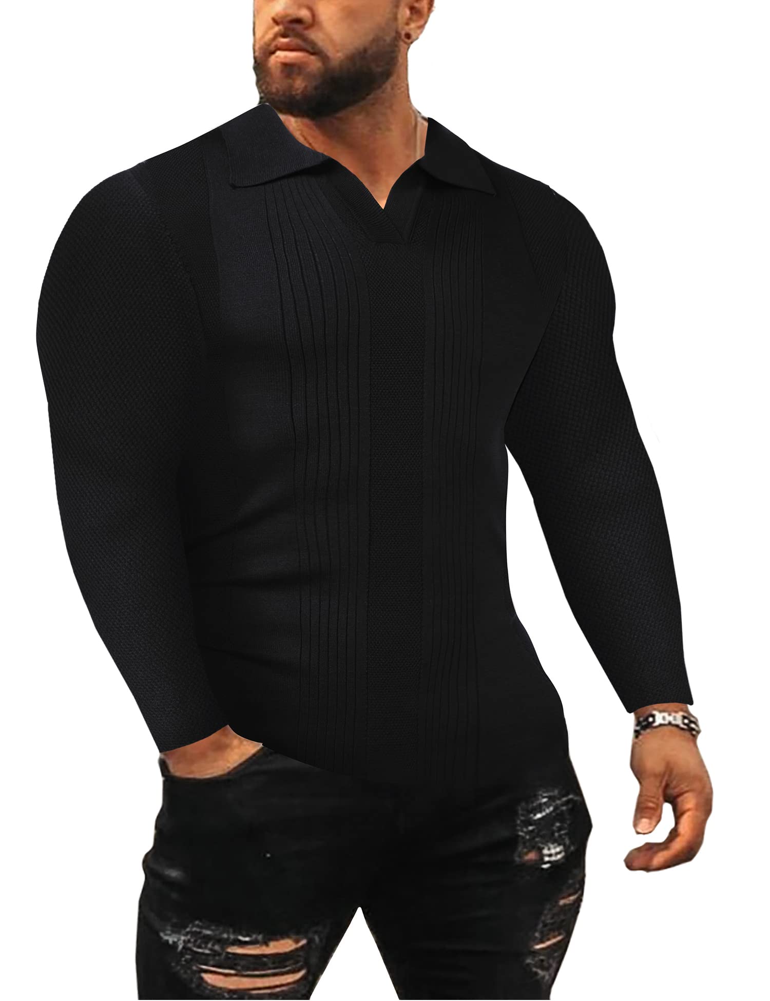 CHOMOLEZA Men's Slim Fit Knit Polo Shirt Long Sleeve Casual Basic Tee Stretch Golf Shirt Muscle Fit T-Shirt Black S