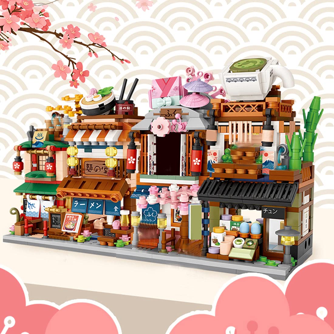 PHYNEDI Goshfun 379Pcs Japanese Street View Matcha Shop Bricks Model Set, MOC DIY Building Block Assembly Mini Particle Construction Toy (Not Compatible with Small Particle Bricks)