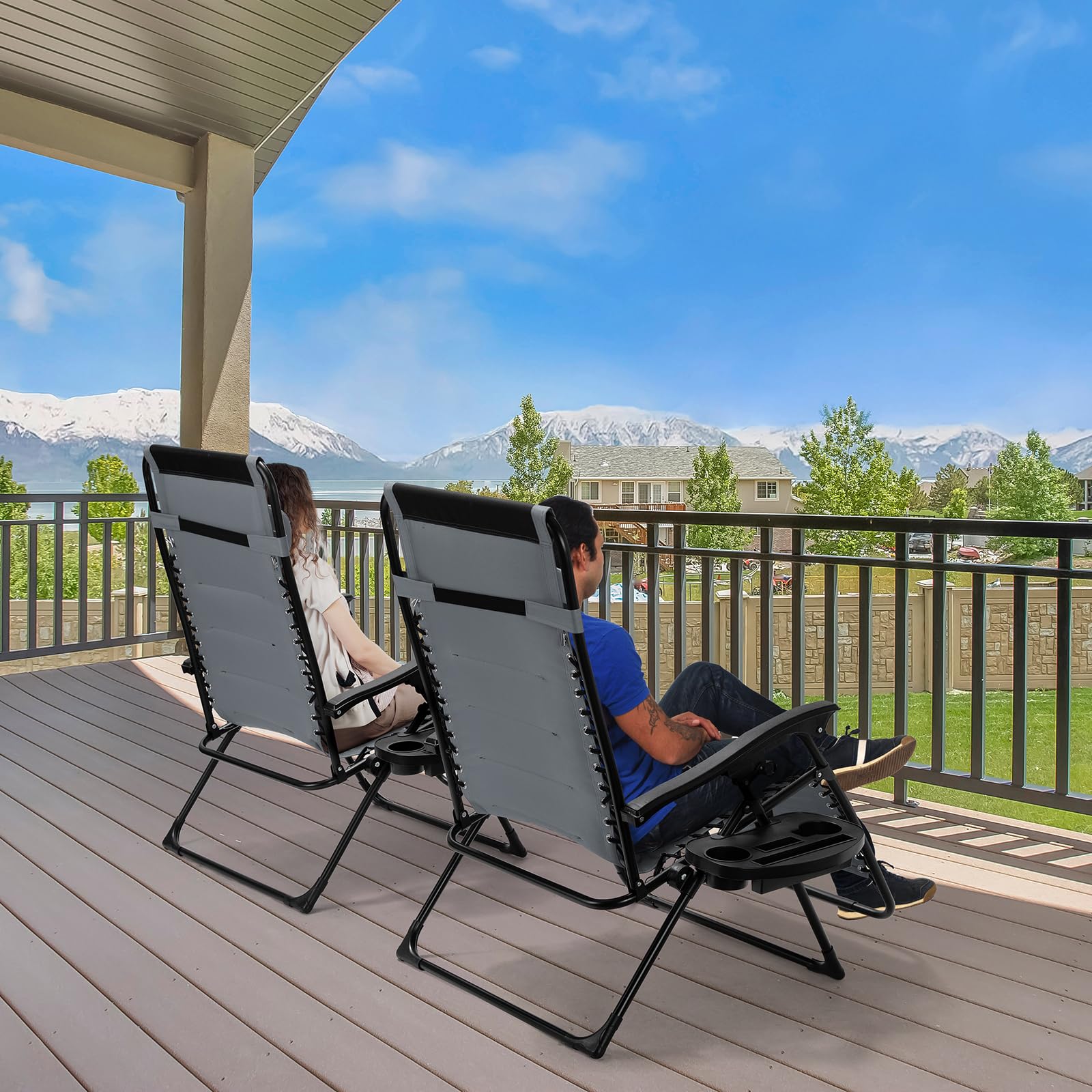MAMIZO Padded Zero Gravity Chair, Set of 2 Foldable Outdoor Patio Recliner, Anti Gravity Adjustable Lounger w/Removable Pillows and Cup Holder Side Tables, 350 LBS (Grey)