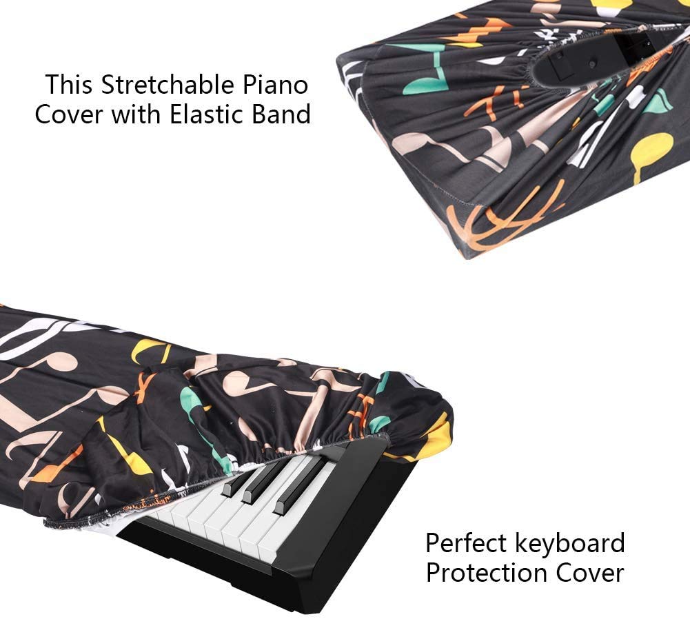 Piano Keyboard Cover,Stretchable Dust-proof Piano Cover with Adjustable Elastic Band for Electronic Keyboard,Digital Piano Keyboard Bags Cases Covers with Music Symbol Print, Suit for 61/88 Keys.