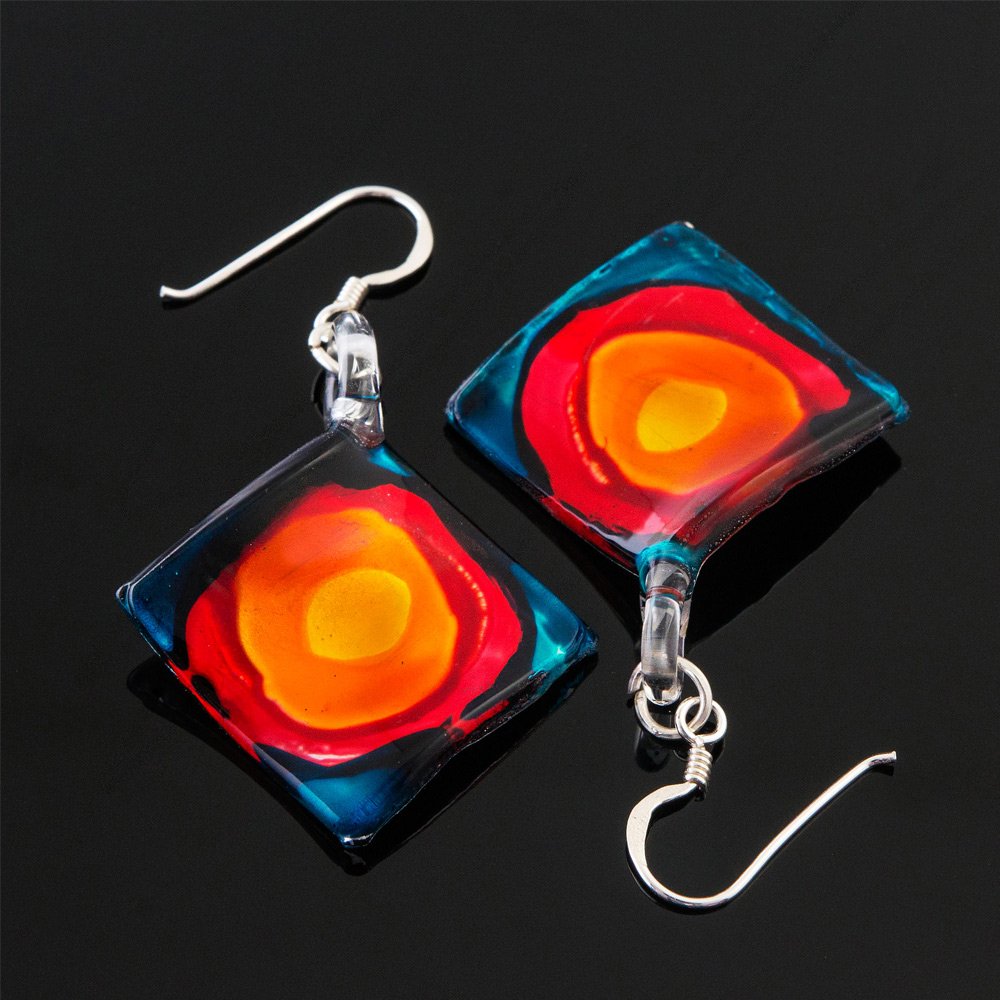Chuvora Sterling Silver Hand Painted Murano Glass Blue Red Orange Art Square Dangle Earrings for Women