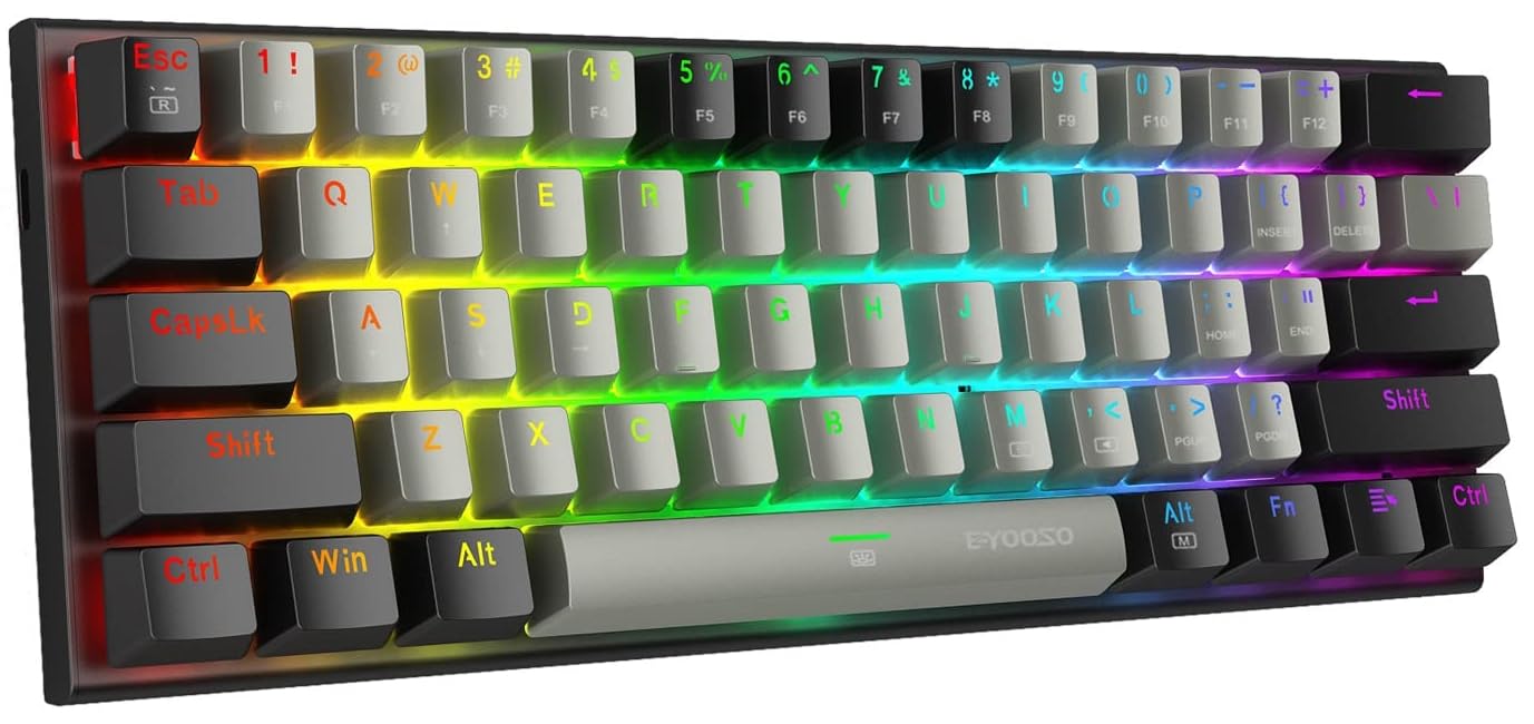 E-YOOSO 60% Wired Mechanical Gaming Keyboard, RGB Backlit Ultra-Compact 61 Keys Hot Swappable Mini Waterproof Wired Office Keyboard with Red Switches for Windows, Mac OS Gamers (Grey Black)