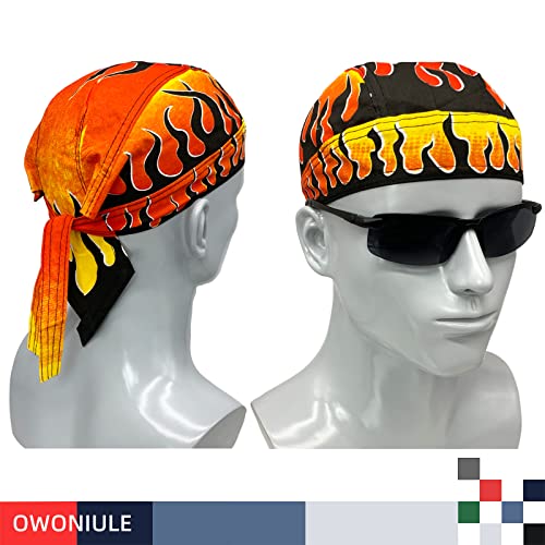 Cotton Doo Rag Skull Cap Sweat Wicking Head Wraps Pirate Hat Breathable Helmet Liner Flame Beanie Dew Rags for Men and Women (Skull and Flame)