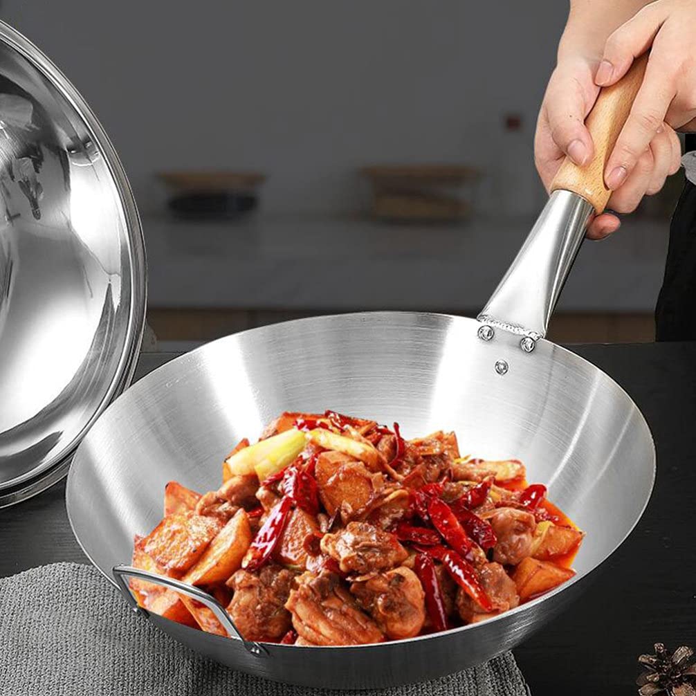 DOITOOL 1pc Stainless Steel Wok with Wood Handle Traditional Hand Hammered Carbon Steel Pow Wok Practical Wok Kitchen Utensil (Silver)