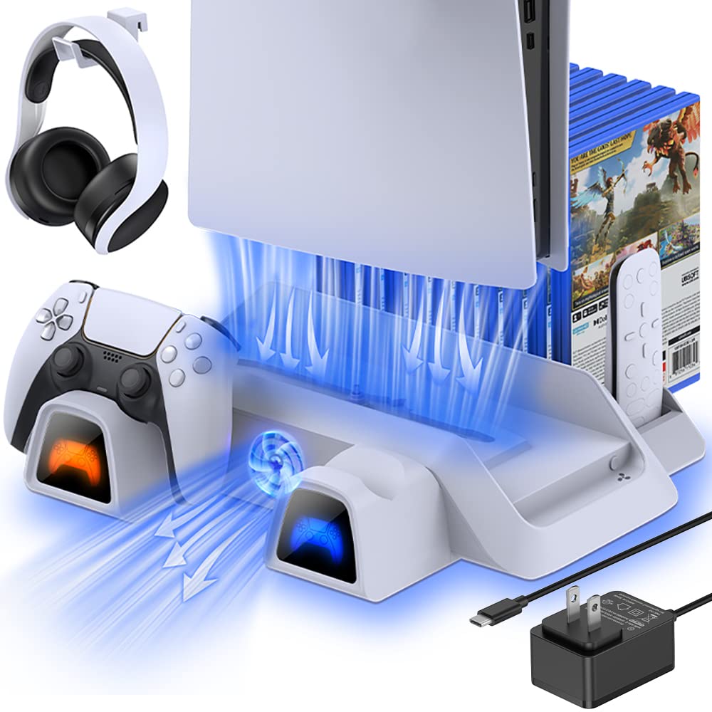 Cooling Stand with Controller Charging Station and Cooling Fan for PS5, Multi-functional Accessories Compatible with PS5 Digital/Disc Edition, Dual Controller Charger with 5V/3A Adapter, 11Game Holder