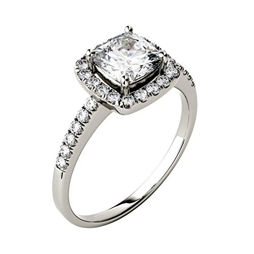 Charles & Colvard Created Moissanite 6mm Cushion Cut Engagement Ring for Women | 1.4 cttw DEW | Lab Grown | Solid 14K White Gold with Rhodium | Size 7